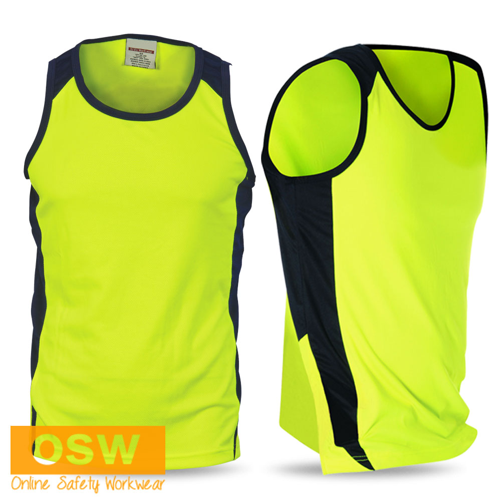 3 X HI VIS COOL DRY BREATHABLE MICROMESH ACTION BUILDER TRADIE SINGLETS ...